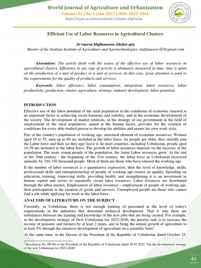 Efficient Use of Labor Resources in Agricultural Clusters | PDF ...