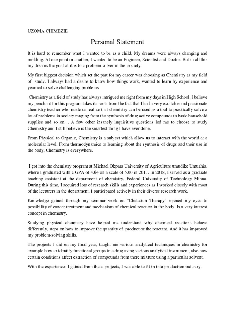 Personal Statement | PDF | Chemical Substances | Chemistry Personal Statement | PDF | Chemical Substances | Chemistry