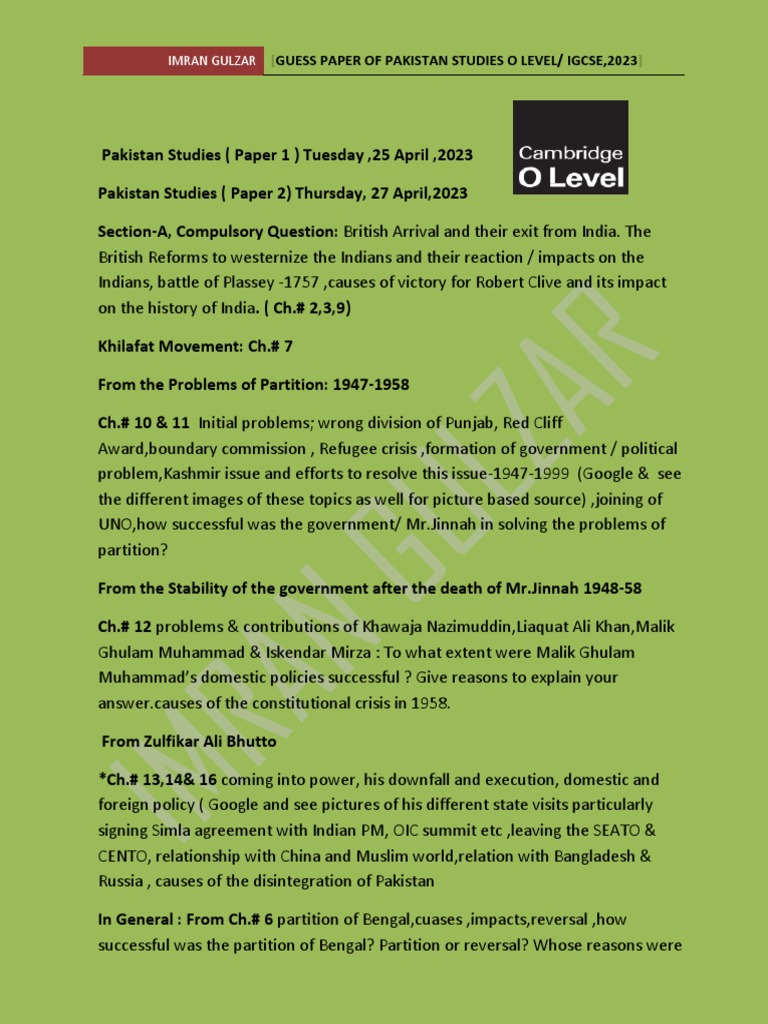 Guess Paper of Pakistan Studies, 2023 by Imran Gulzar | PDF