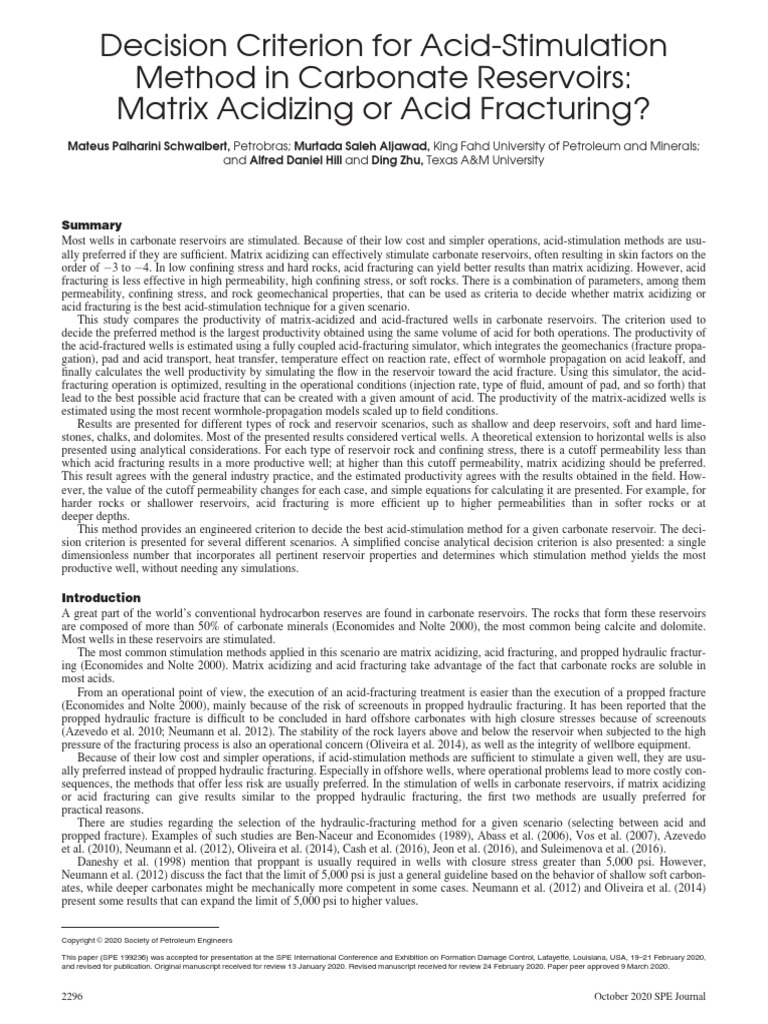 SPE-199236-PA Acidfrac Vs Matrix | PDF | Petroleum Reservoir ...
