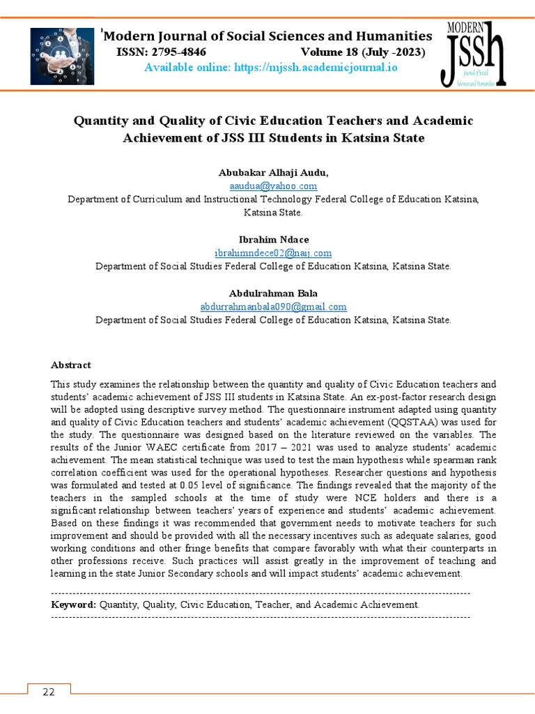 Quantity and Quality of Civic Education Teachers and Academic ...