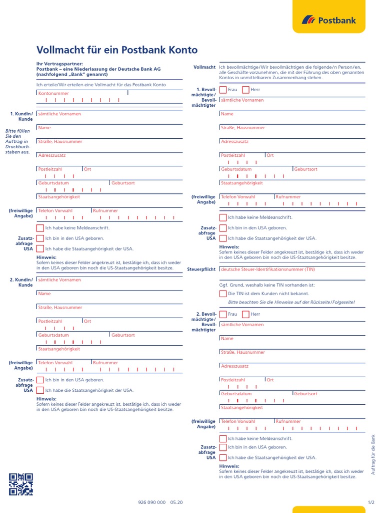 Postbank Vollmacht Und Unterschriftsprobe 926 090 000 0520 | PDF