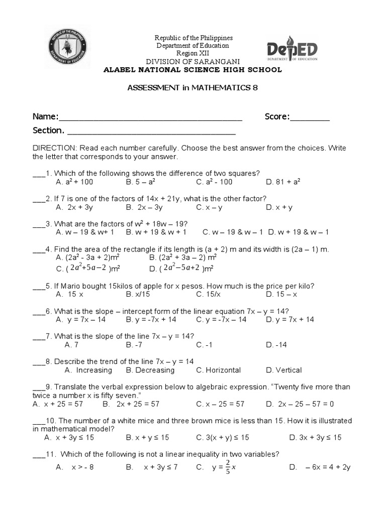 ASSESSMENT in Math 8 | PDF