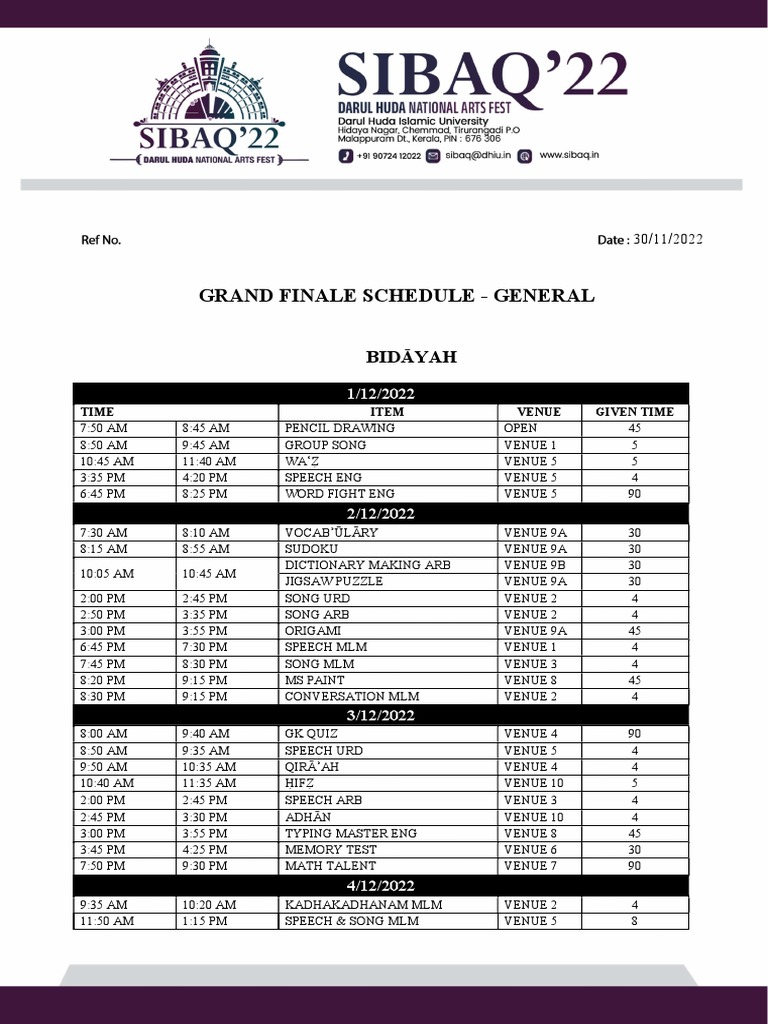 Sibaq'22 Grand Finale Schedule General | PDF