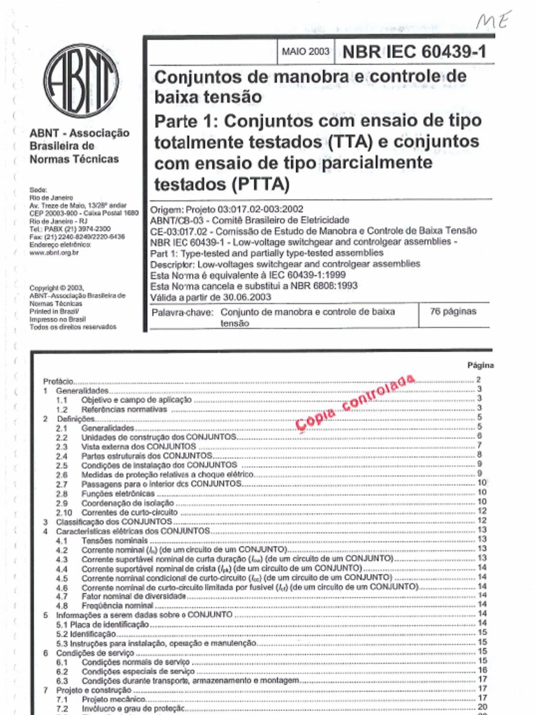 NBR IEC 60439-1 (2003) - Conjuntos de Manobra e Controle de Baixa ...