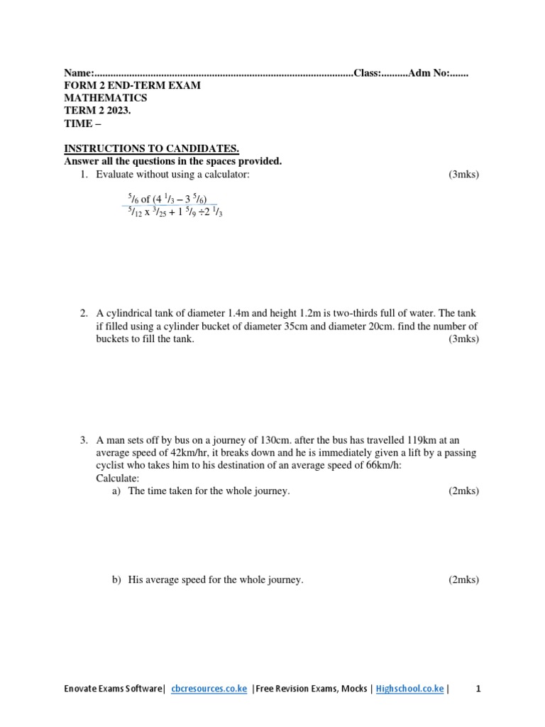 Mathematics Form 2 End Term 2 2023 Exam Questions | PDF | Area | Geometry