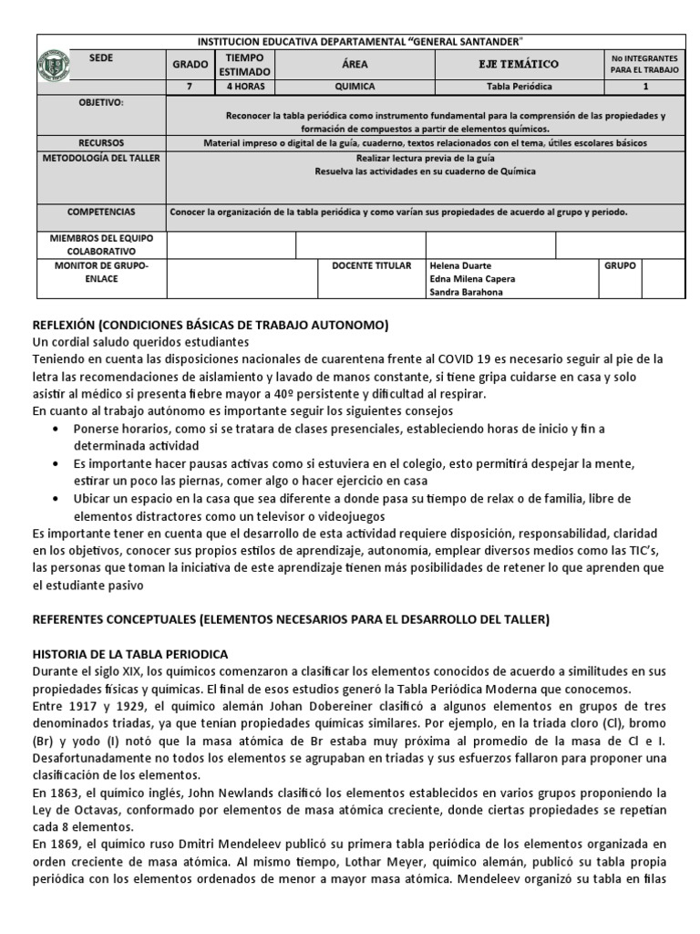 Guia Septimo Quimica Pdf Tabla Periódica Rieles