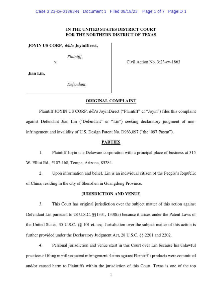 Joyin US Corp vs. Jian Lin: Patent Dispute | PDF | Declaratory Judgment ...
