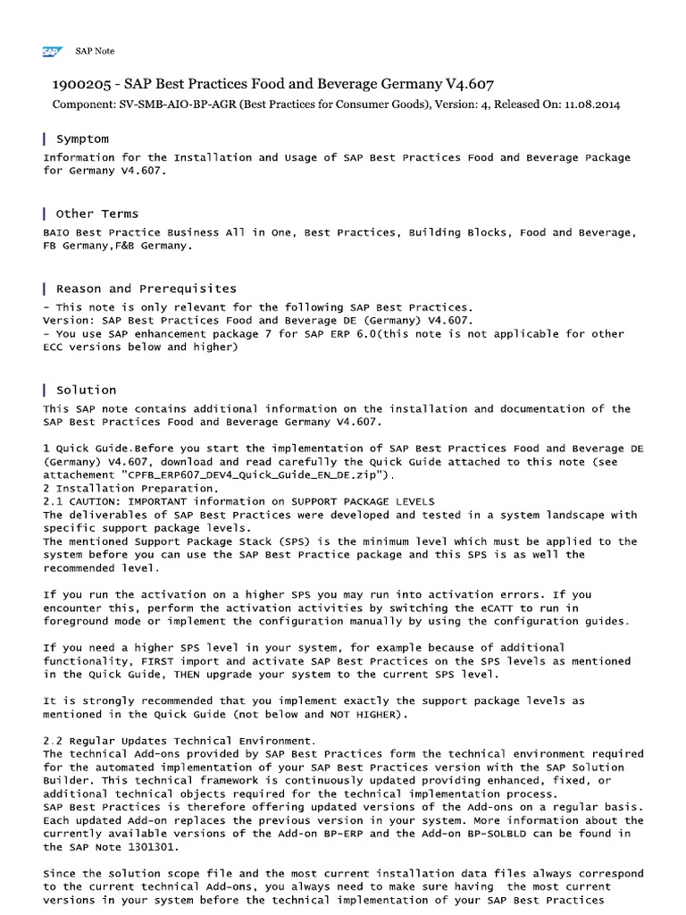 SAP Best Practices Food and Beverage Germany V4.607 | PDF