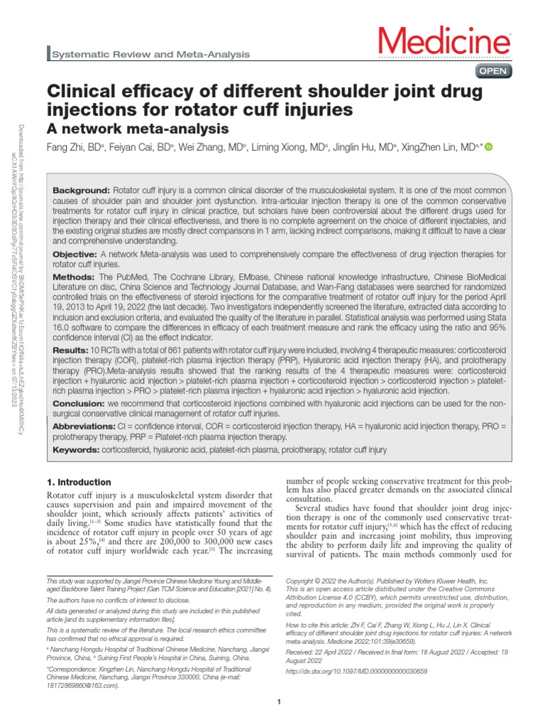 Clinical Efficacy of Different Shoulder Joint Drug Injections For Rotator Cuff Injuries A ...