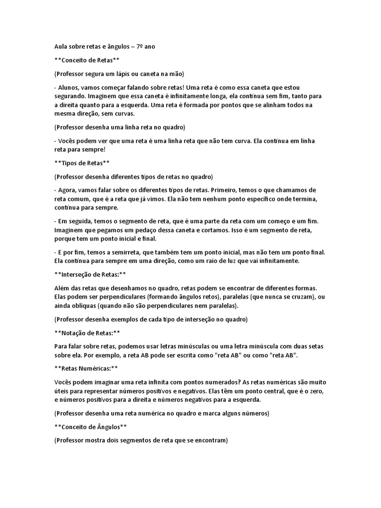Retas e Ângulos: Aula 7º Ano | PDF | Linha (Geometria) | Ângulo