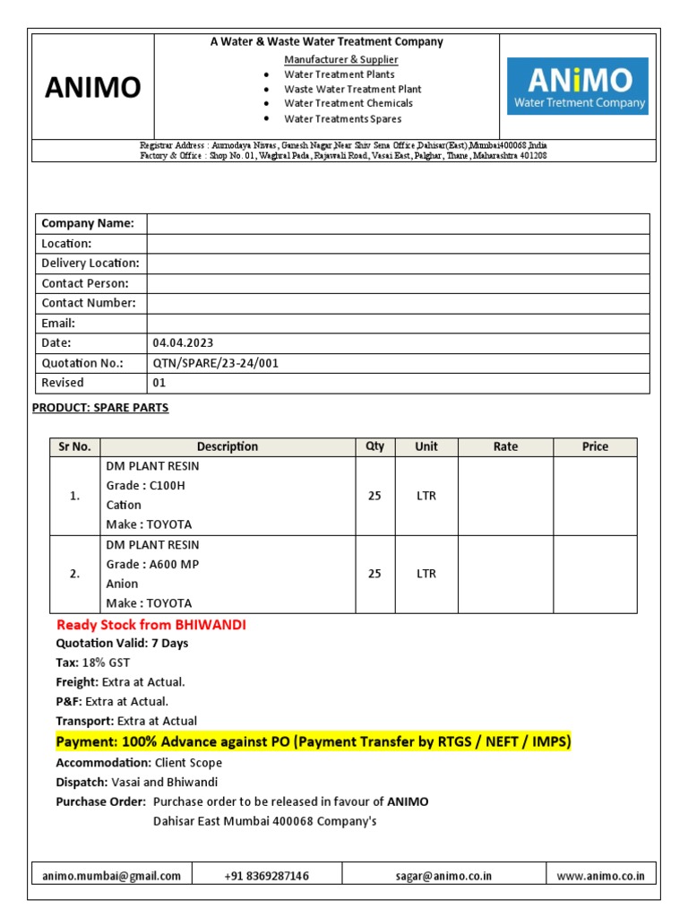 QTN 23-24 001 Coxman Marine Services PVT - Ltd. | PDF
