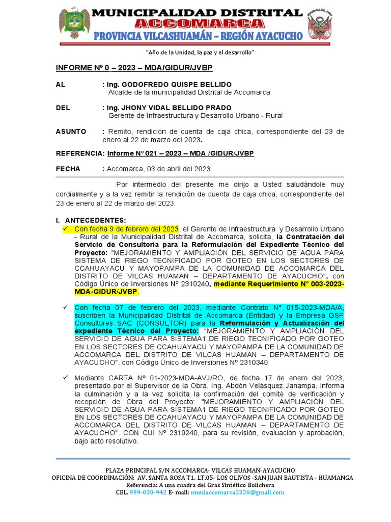 Informe #065-2023 Aprobación de Exp. Tec. de Culminacion de Obra Mayupampa y Ccahuayacu | PDF