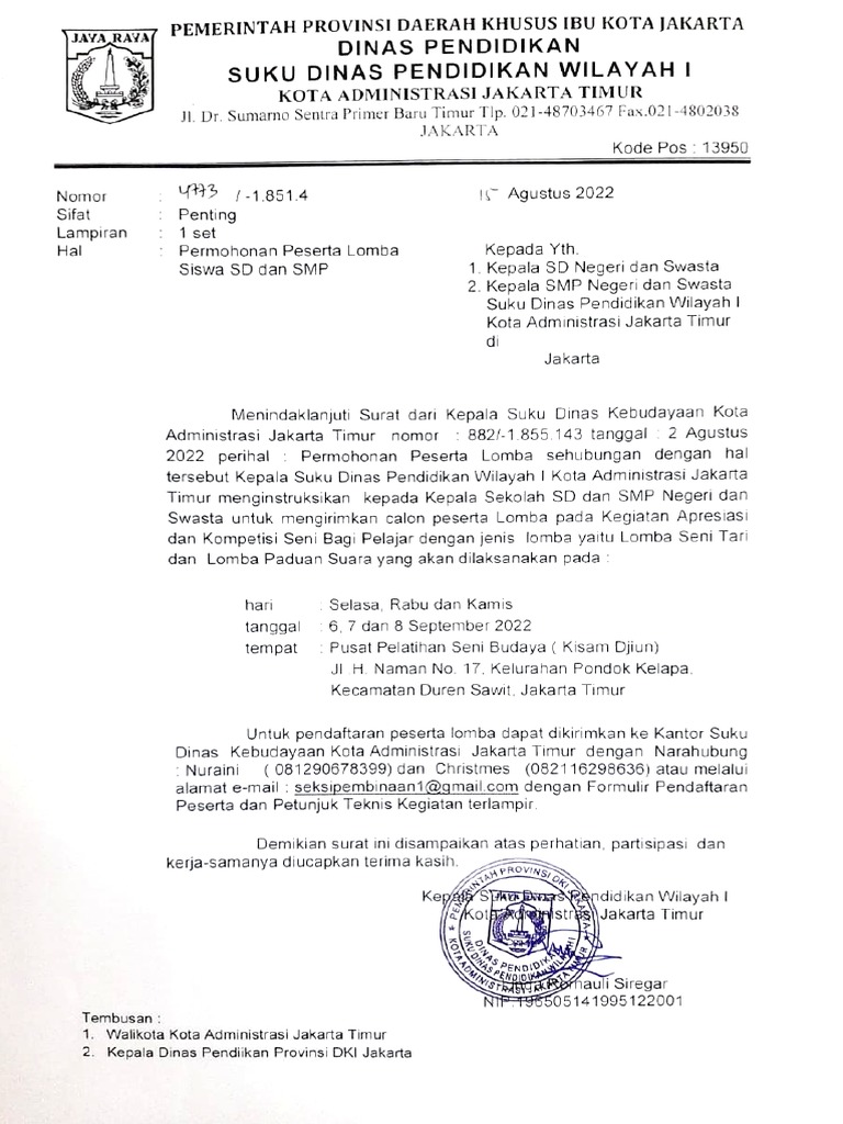 Surat Kegiatan Apresiasi Dan Kompetisi Seni Bagi Pelajar SD, SLTP Tahun 2022 | PDF