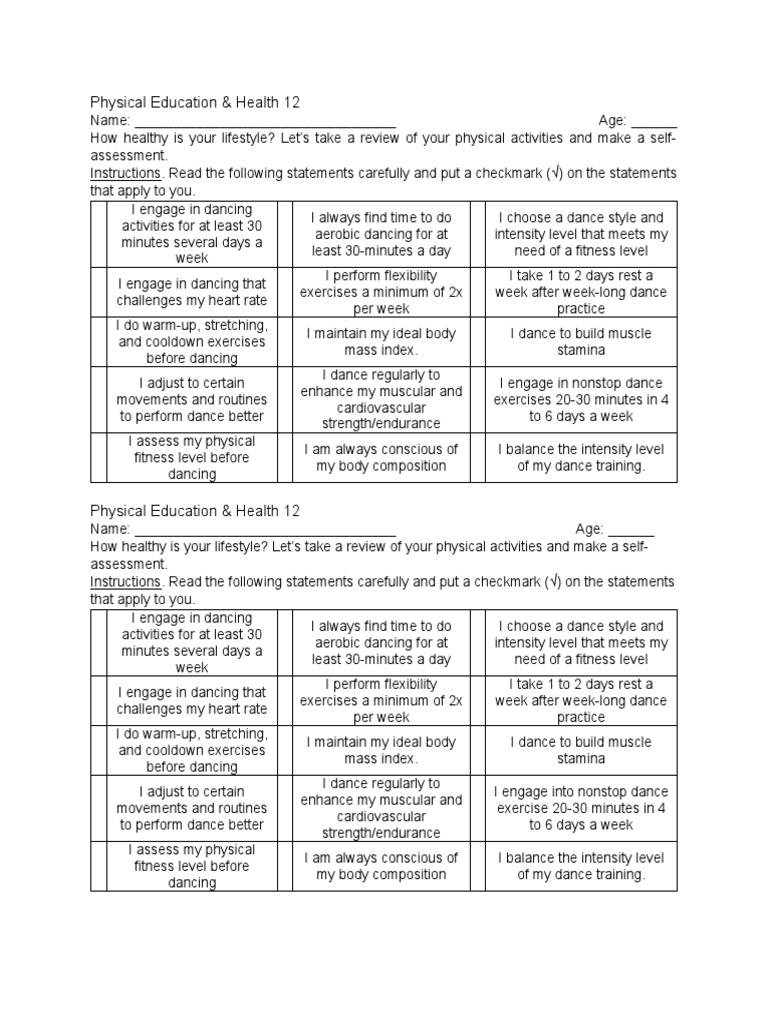 Physical Education Checklist | PDF | Physical Fitness | Endurance