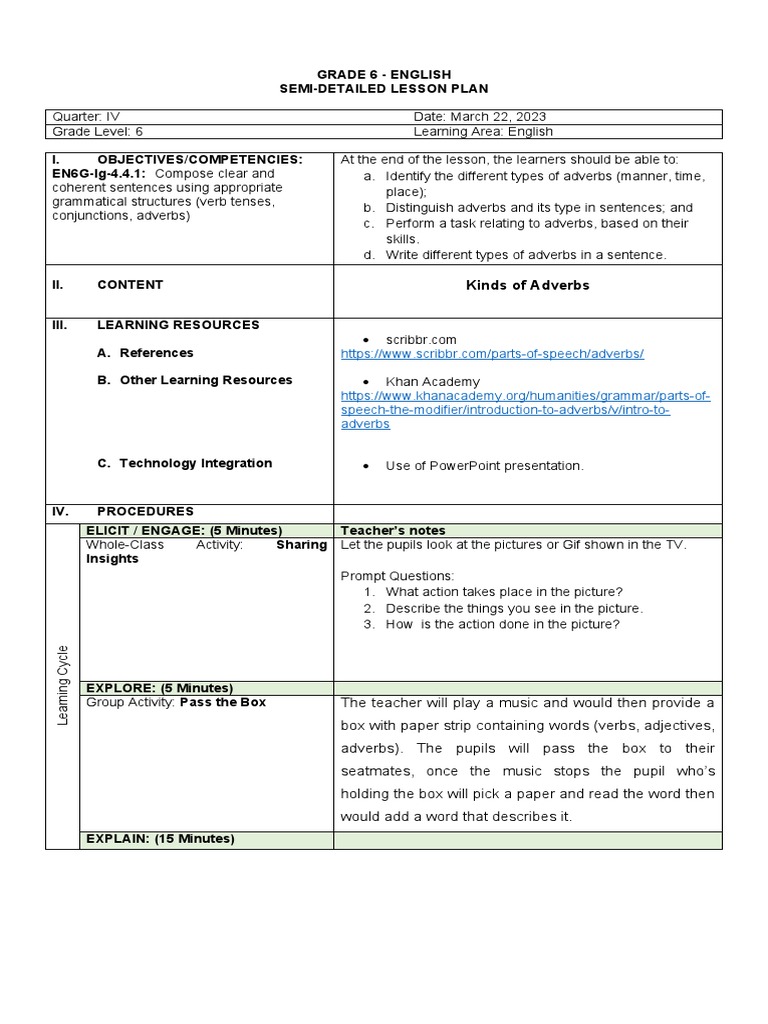 Grade 6 Lesson Plan Adverbs | PDF