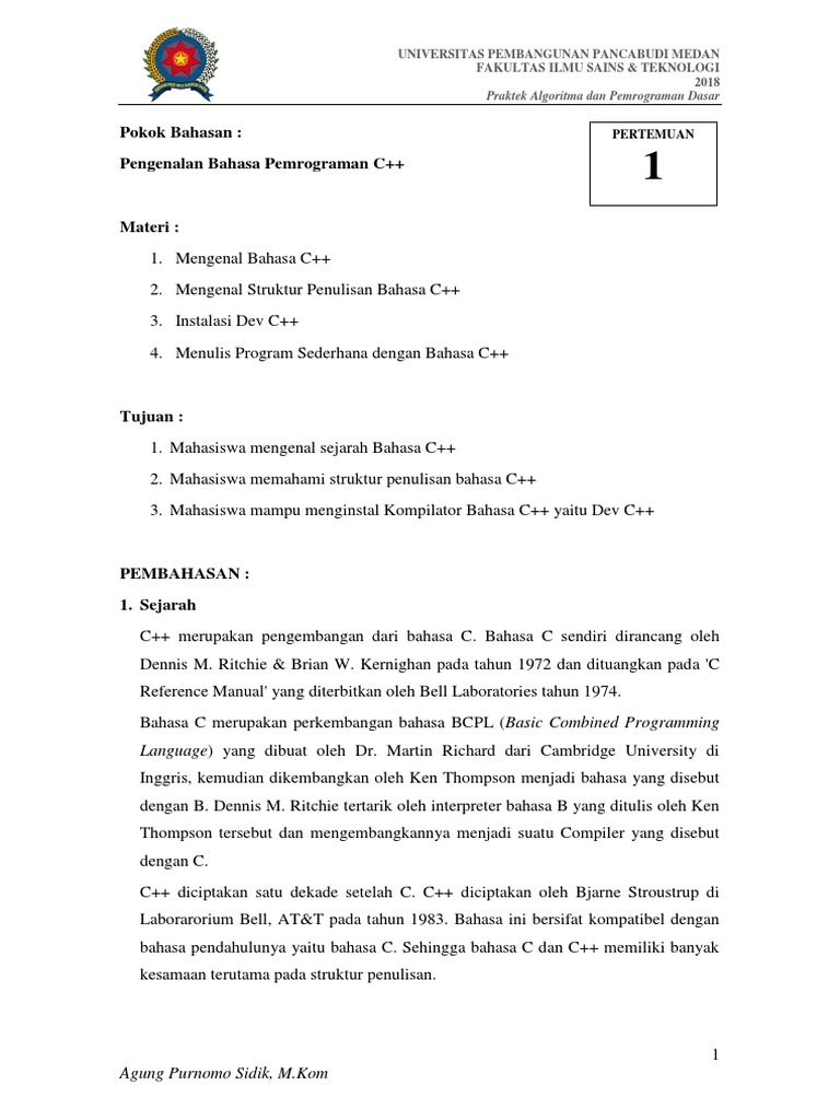 Pertemuan 1 - Mengenal Bahasa Pemrograman C++-1 | PDF