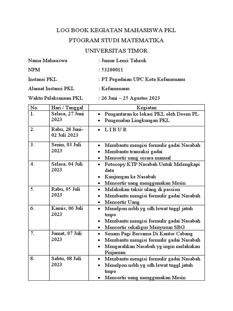 Log Book Kegiatan Mahasiswa PKL | PDF