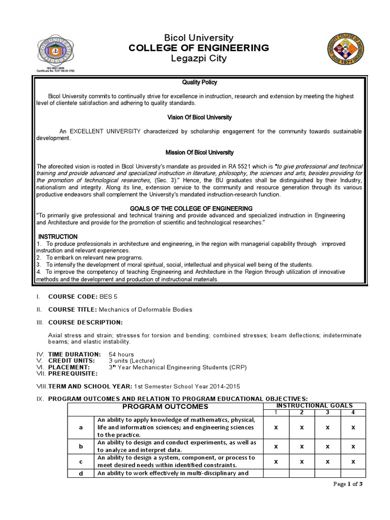 OBE Syllabus - BES 5 Mechanics of Deformable Bodies | PDF | Stress ...
