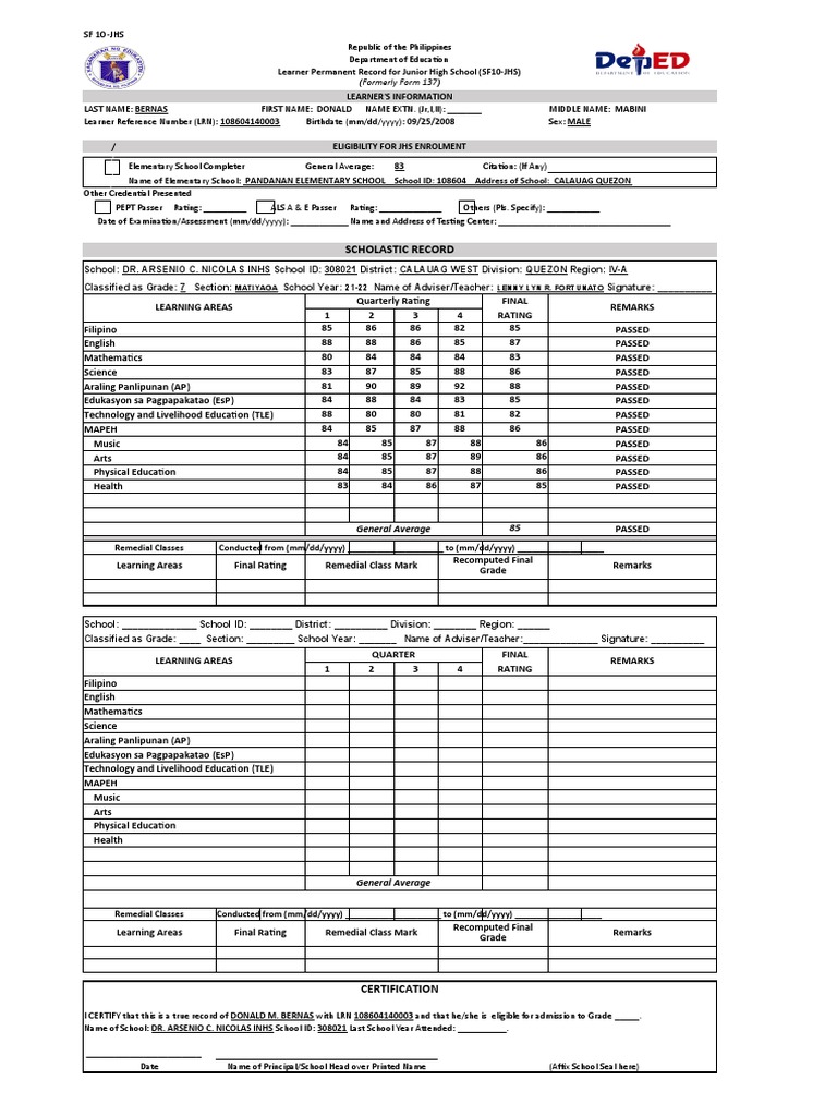 SF 10 Grade 7 Matiyaga (A4 Size) | PDF