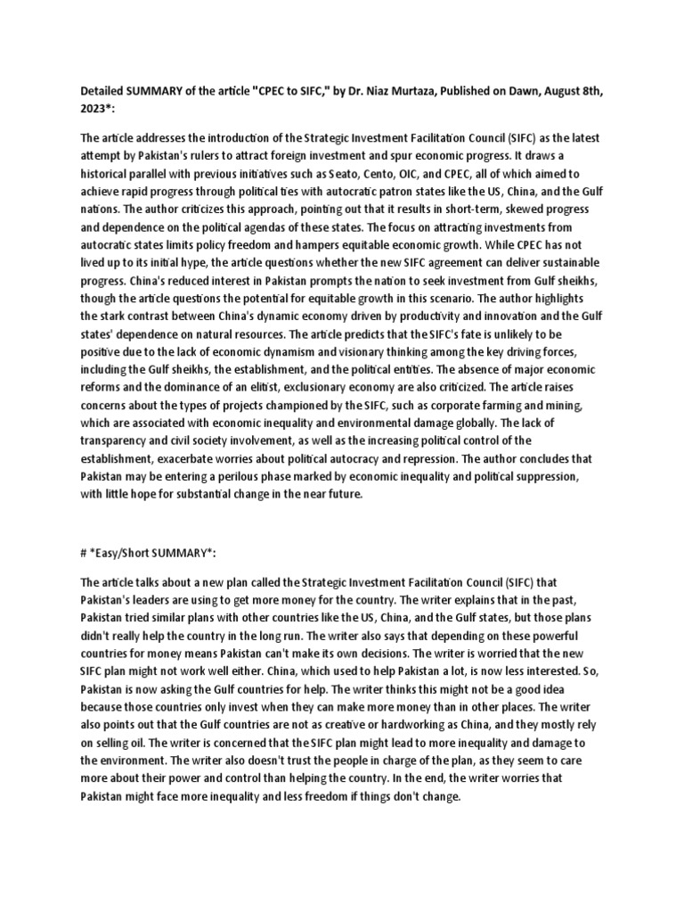 Detailed SUMMARY of The Article CPEC To SIFC | PDF