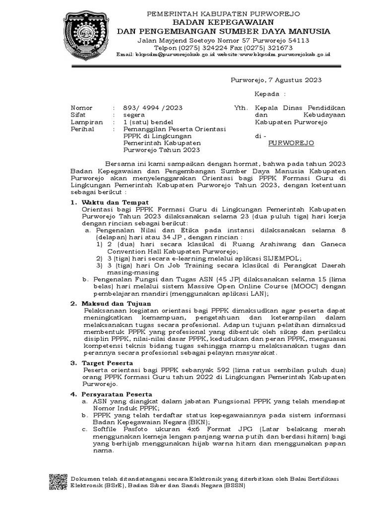 Surat Pemanggilan Peserta PPPK Guru | PDF