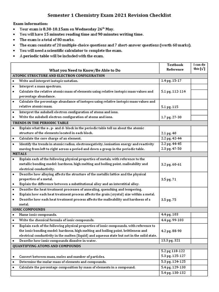 Semester 1 Chemistry Exam 2021 Revision Checklist | PDF | Chemical ...