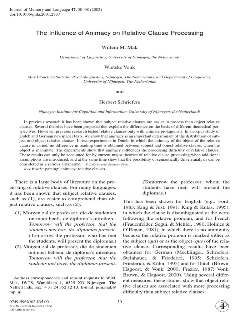 4 The Influence of Animacy On Relative Clause Processin | PDF