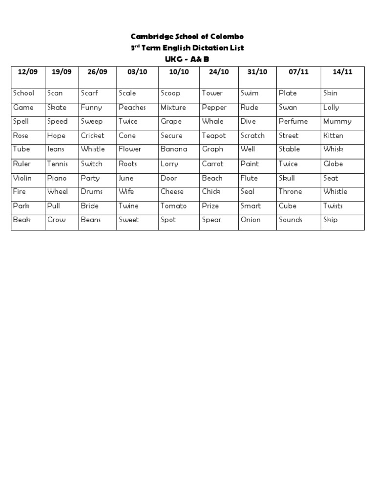 UKG A & B 3rd Term English Dictation List | PDF