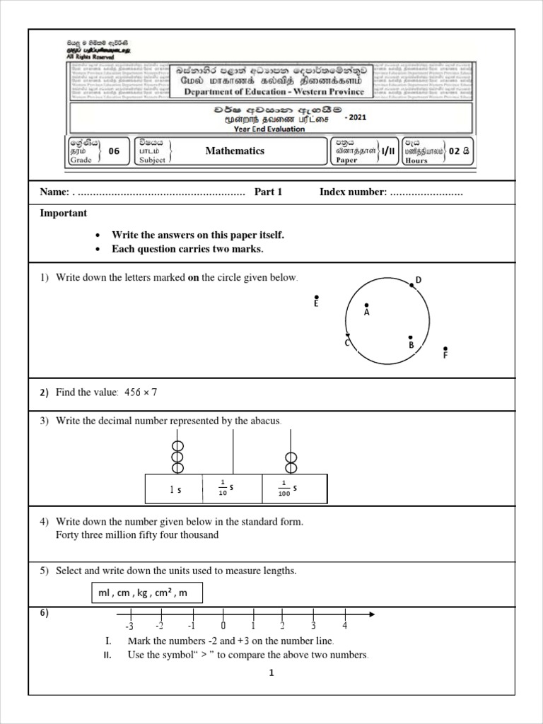 2021 Grade 06 Maths Third Term Paper English Medium Western Province ...