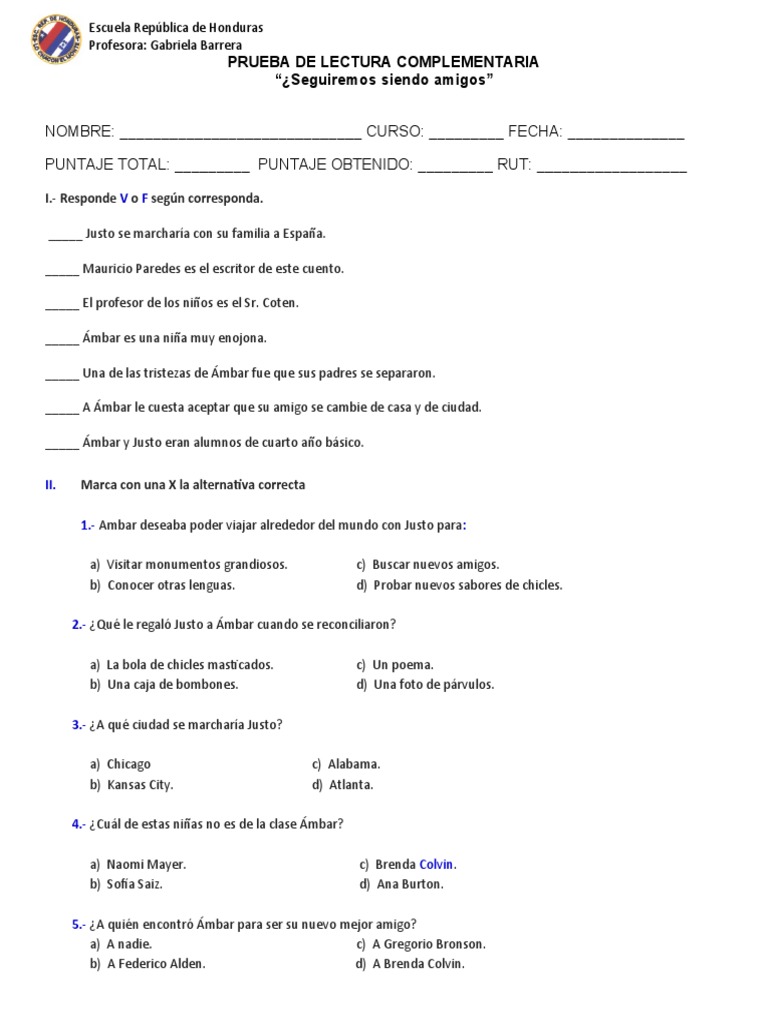 PRUEBA DE LECTURA COMPLEMENTARIA Seguiremos Siendo Amigos | PDF