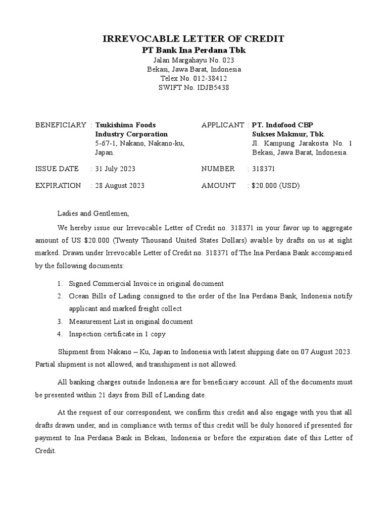 LETTER OF CREDIT - Salwa | PDF | Letter Of Credit | Business Documents