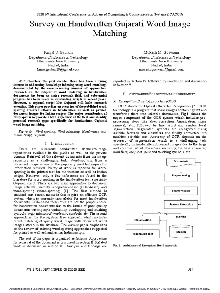 Survey On Handwritten Gujarati Word Image Matching Pdf