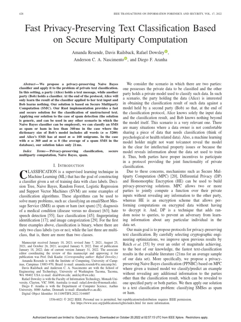 2022TIFS Fast - Privacy-Preserving - Text - Classification - Based - On - Secure - Multiparty ...