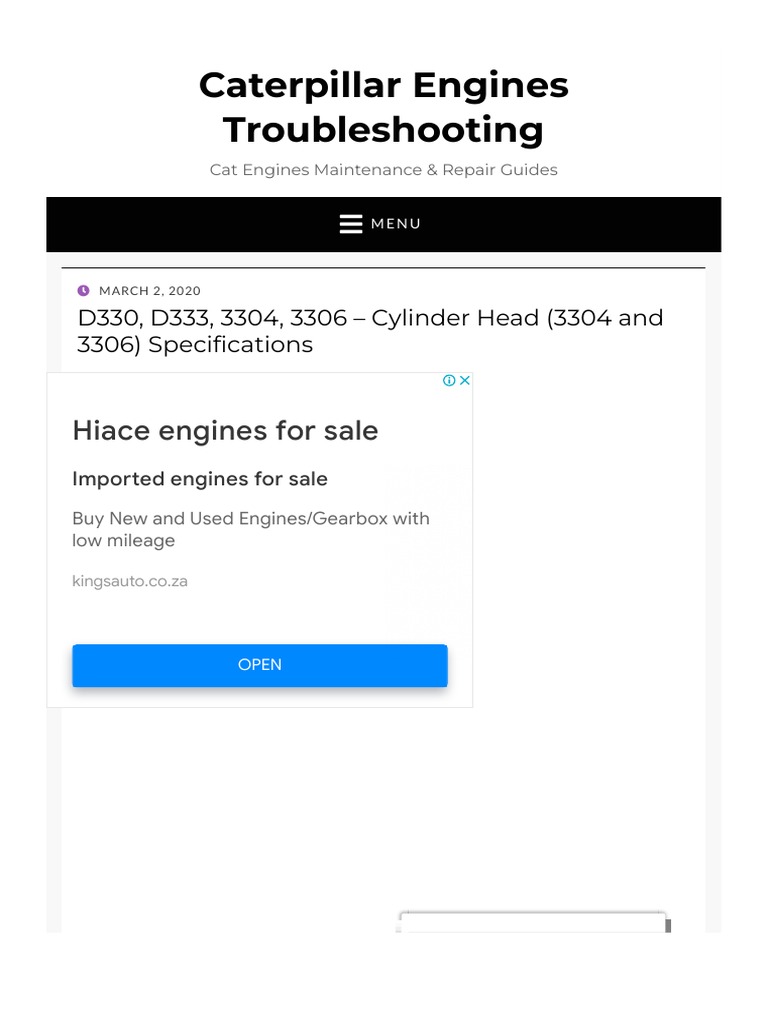 D330, D333, 3304, 3306 - Cylinder Head (3304 and 3306) Specifications ...