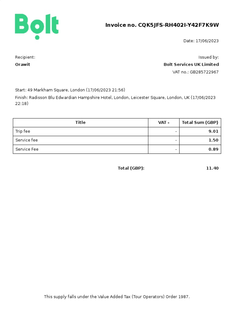Ride Invoice From Bolt | PDF