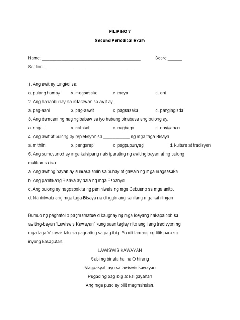 Test Paper Filipino 7 | PDF