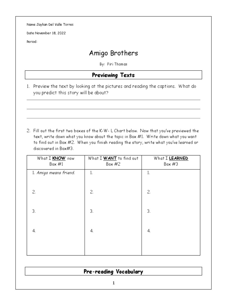 Copia de Amigo Brothers Worksheet | PDF | Games & Activities