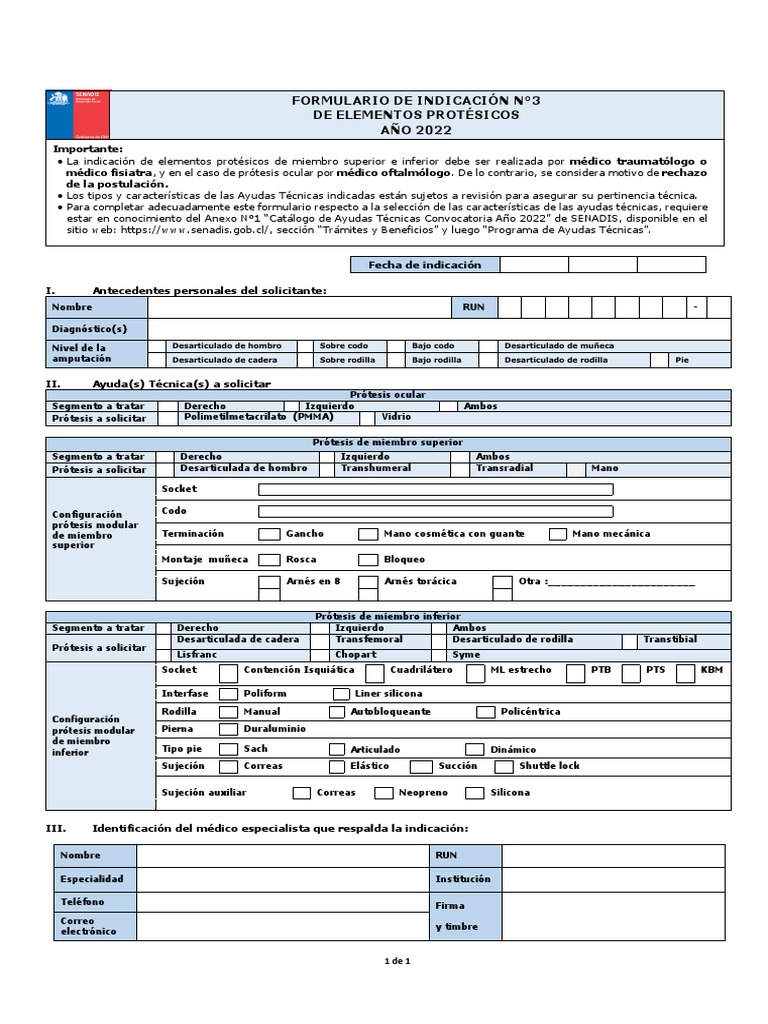 Formulario de Indicación N°3 de Elementos Protésicos Año 2022 | PDF ...