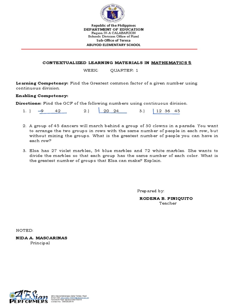 Contextualized Learning Materials in Math Q1 | Download Free PDF ...