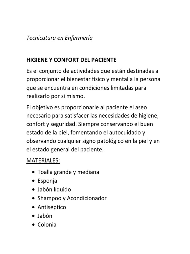 Higiene y Confort Del Paciente Con Su Objetivo. | PDF
