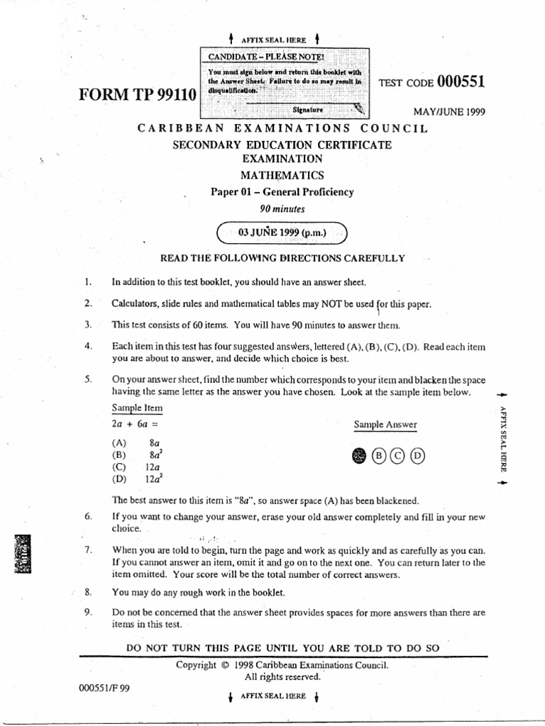 CSEC June 1999 Mathematics P1 12pgs | PDF