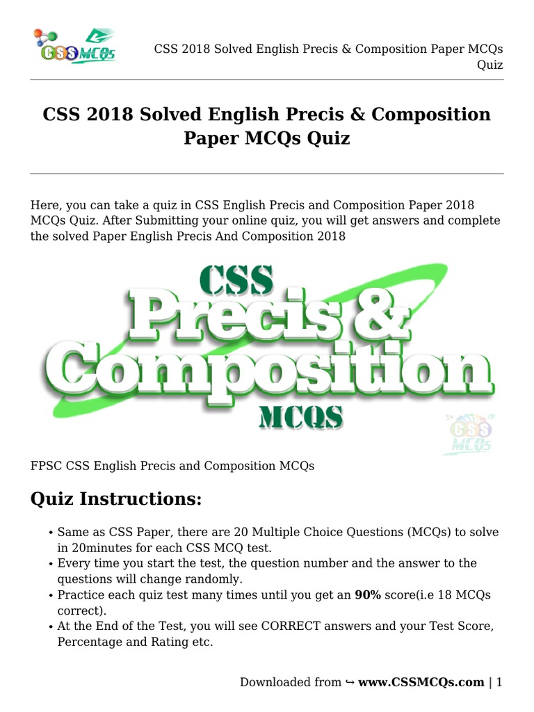 CSS 2018 Solved English Precis & Composition Paper MCQs Quiz | PDF ...