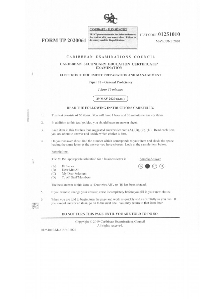 Csec Edpm June 2020 p1 10pgs | PDF