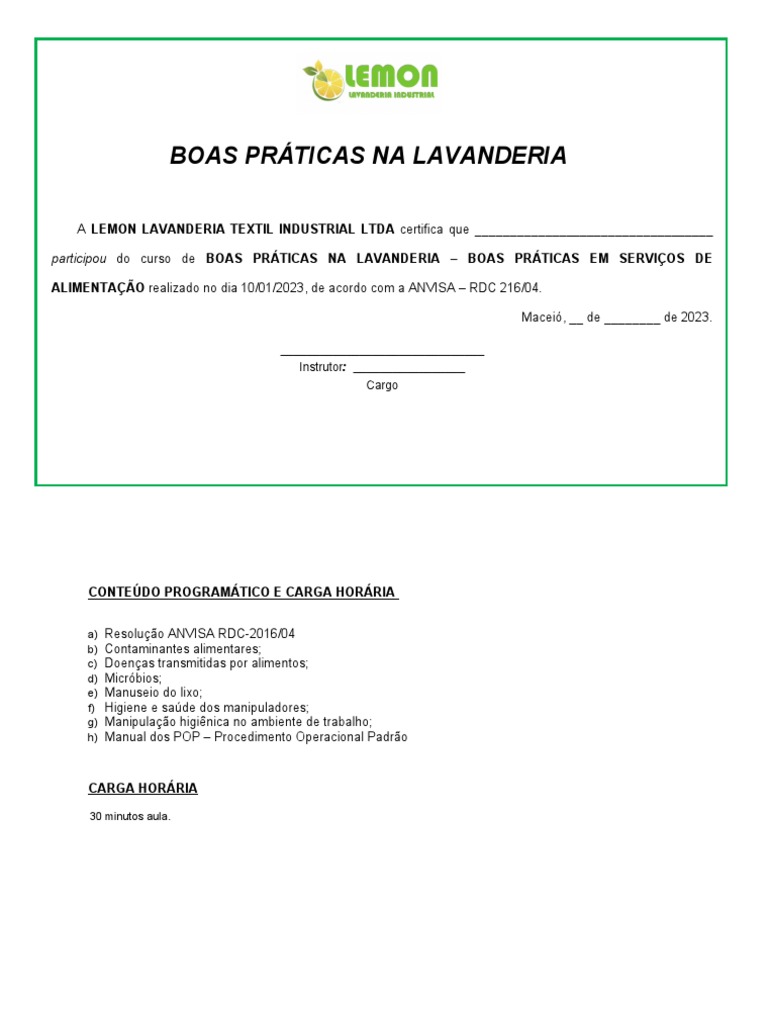 Modelo Certificado Treinamento de BPF | PDF