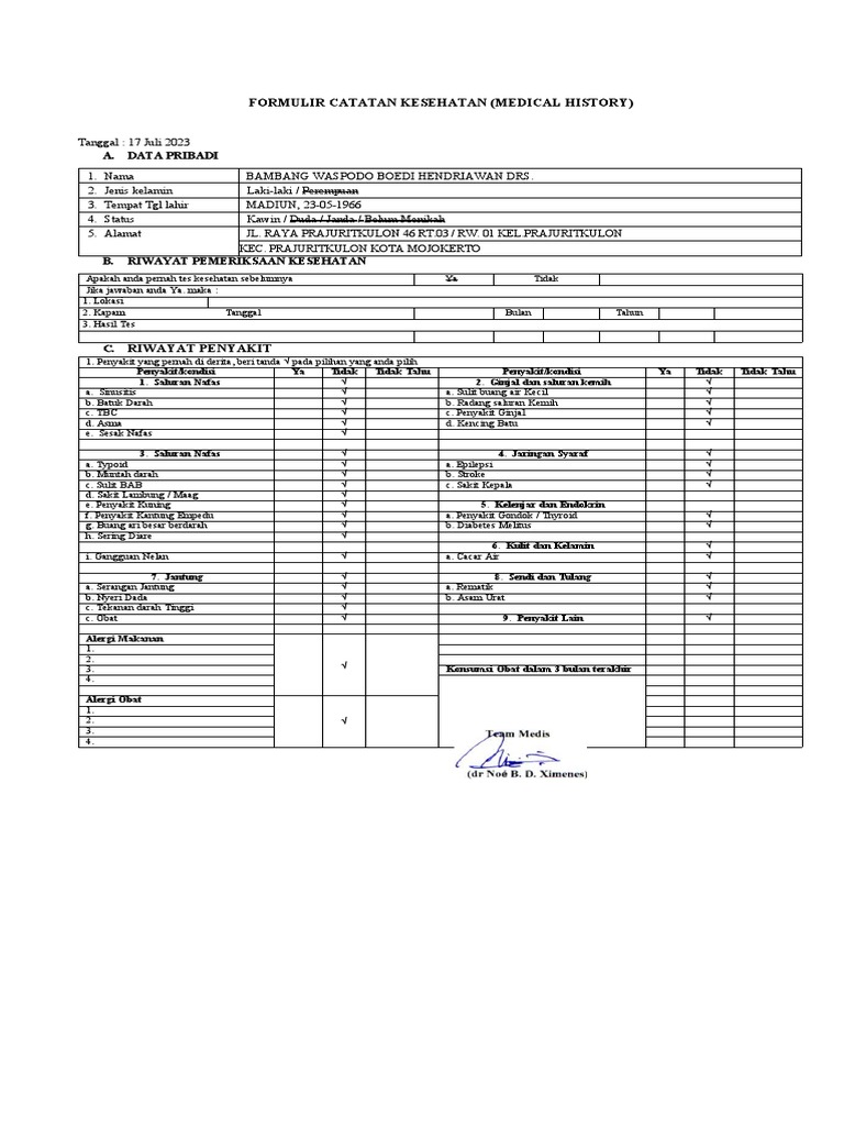 Formulir Riwayat Kesehatan Pasien | PDF