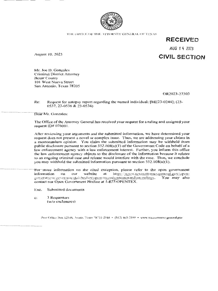 Texas Attorney General Ruling On Pentkowski Autopsy | PDF | Government ...