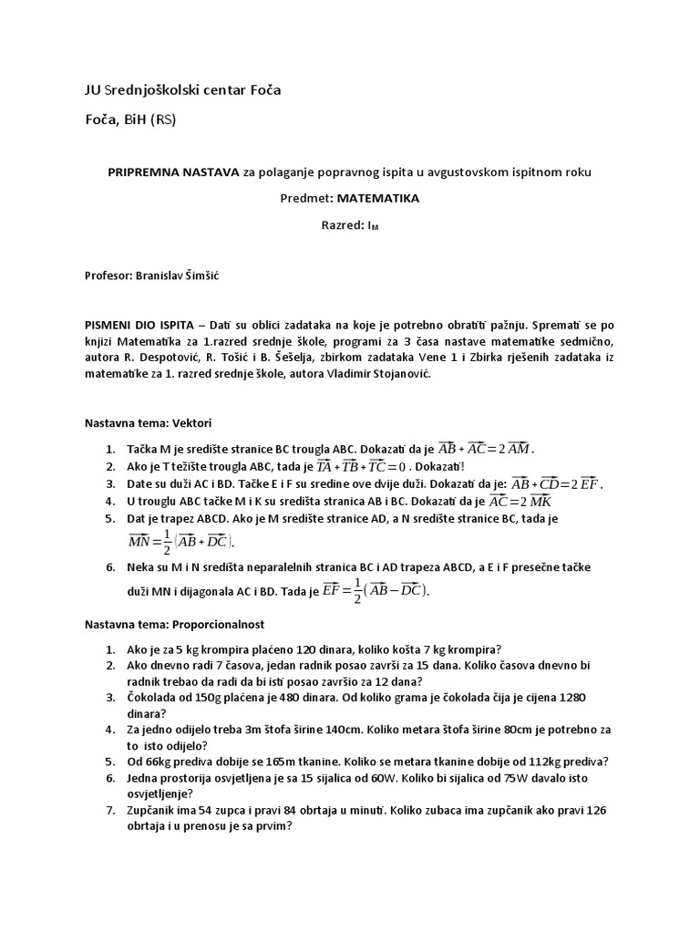 Pripremna Nastava Za Popravni Ispit - Pismeni Im | PDF