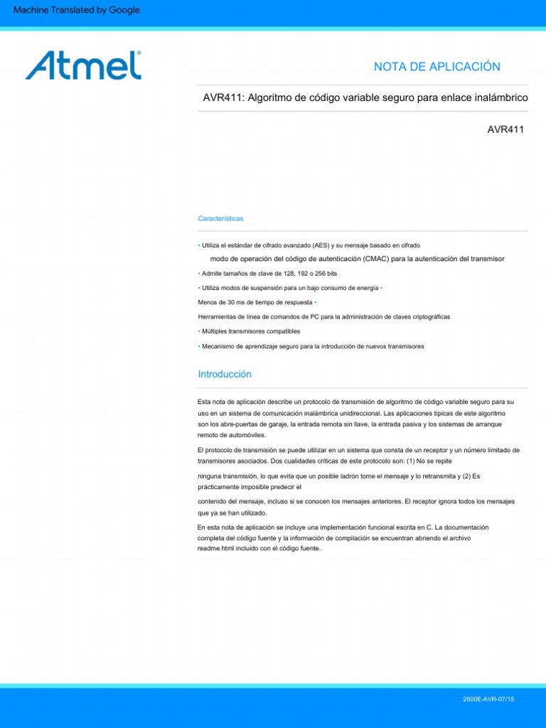 Atmel 2600 AVR411 (Esp) Secure Rolling Code Algorithm For Wireless Link ...