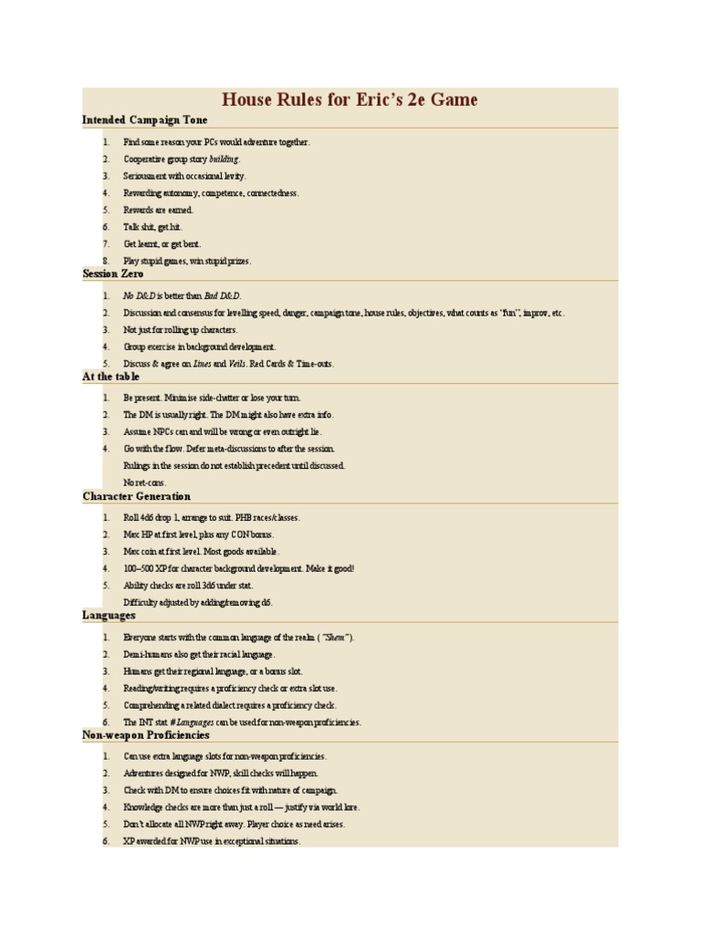 AD&D 2nd Ed House Rules | PDF